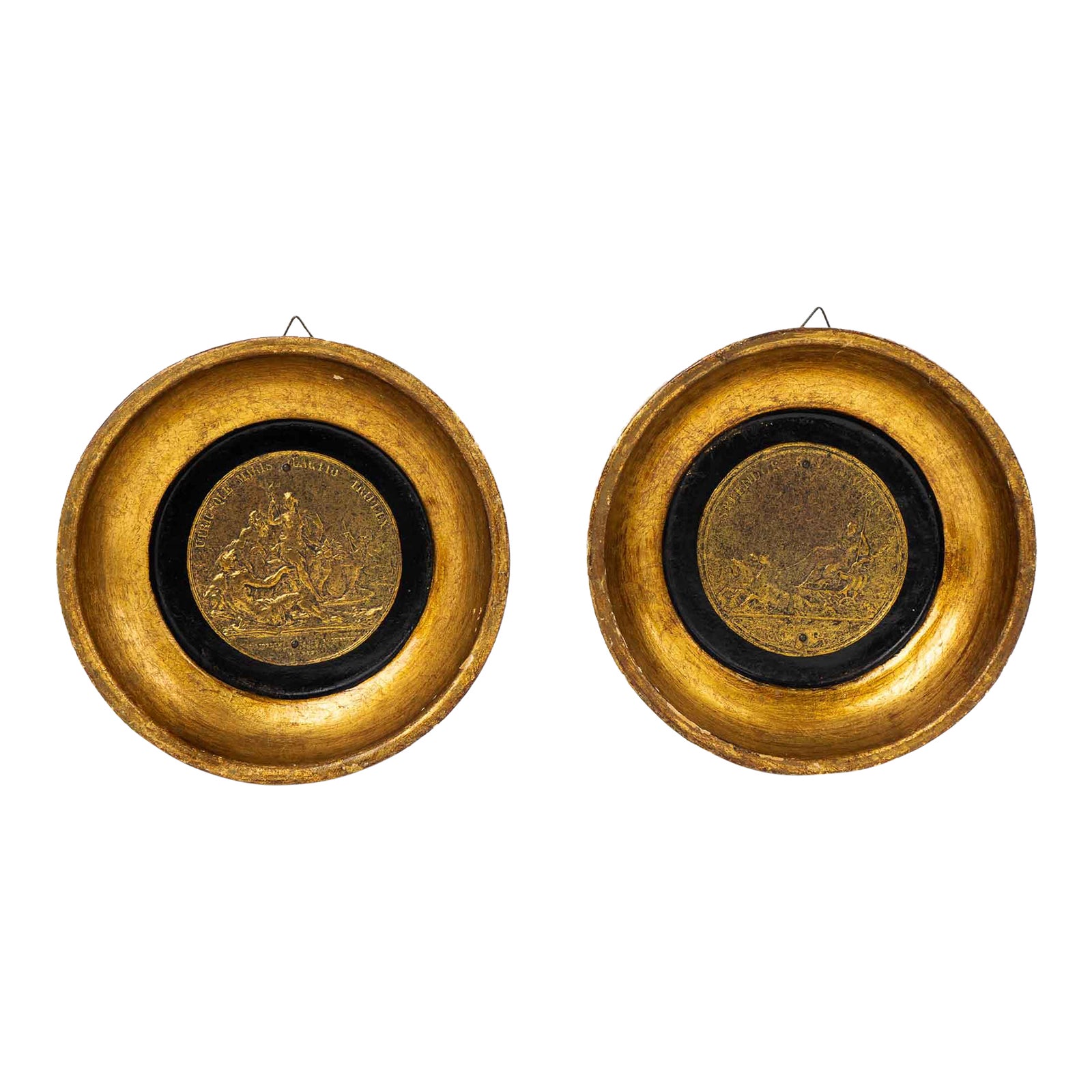 Vintage Italian Gold Frame Brass Coin Wall Art - A Pair | Chairish