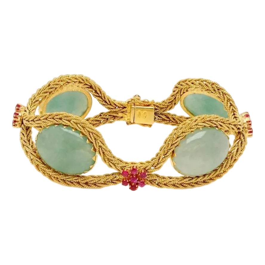 Beautiful 1.50ct Ruby Jade 18k YGold Fancy Woven Chain Floral Bracelet ...