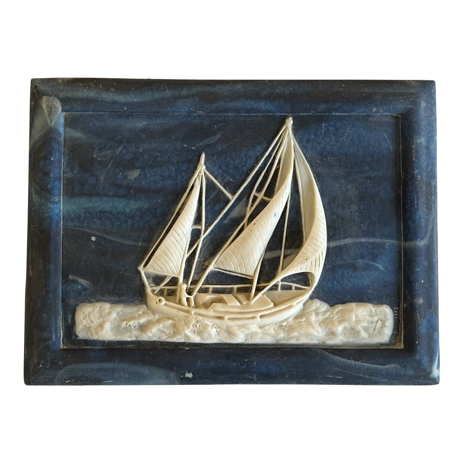1970s Vintage Hand Carved Navy and Ivory Nautical Ocean Sail Boat, Ship ...