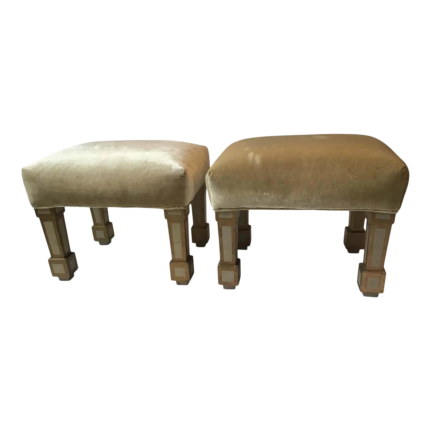 Wooden Leg Ottomans - A Pair | Chairish