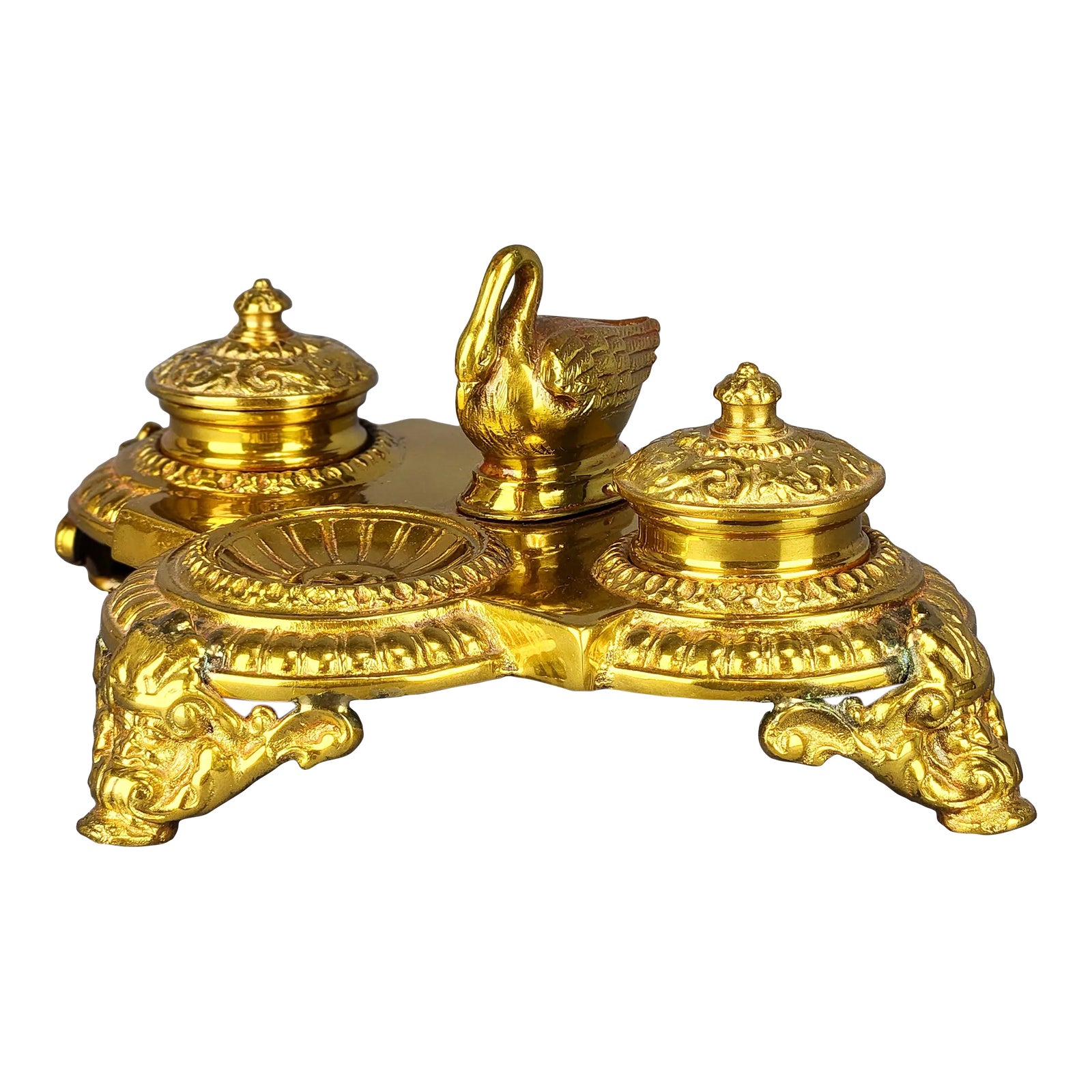 19th Century French Louis XV Style Double Inkwell Decorated With Swan ...