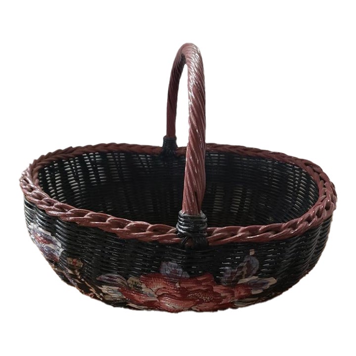 1980s Black Wicker Basket With Brown Trim and Painted Floral Motif ...