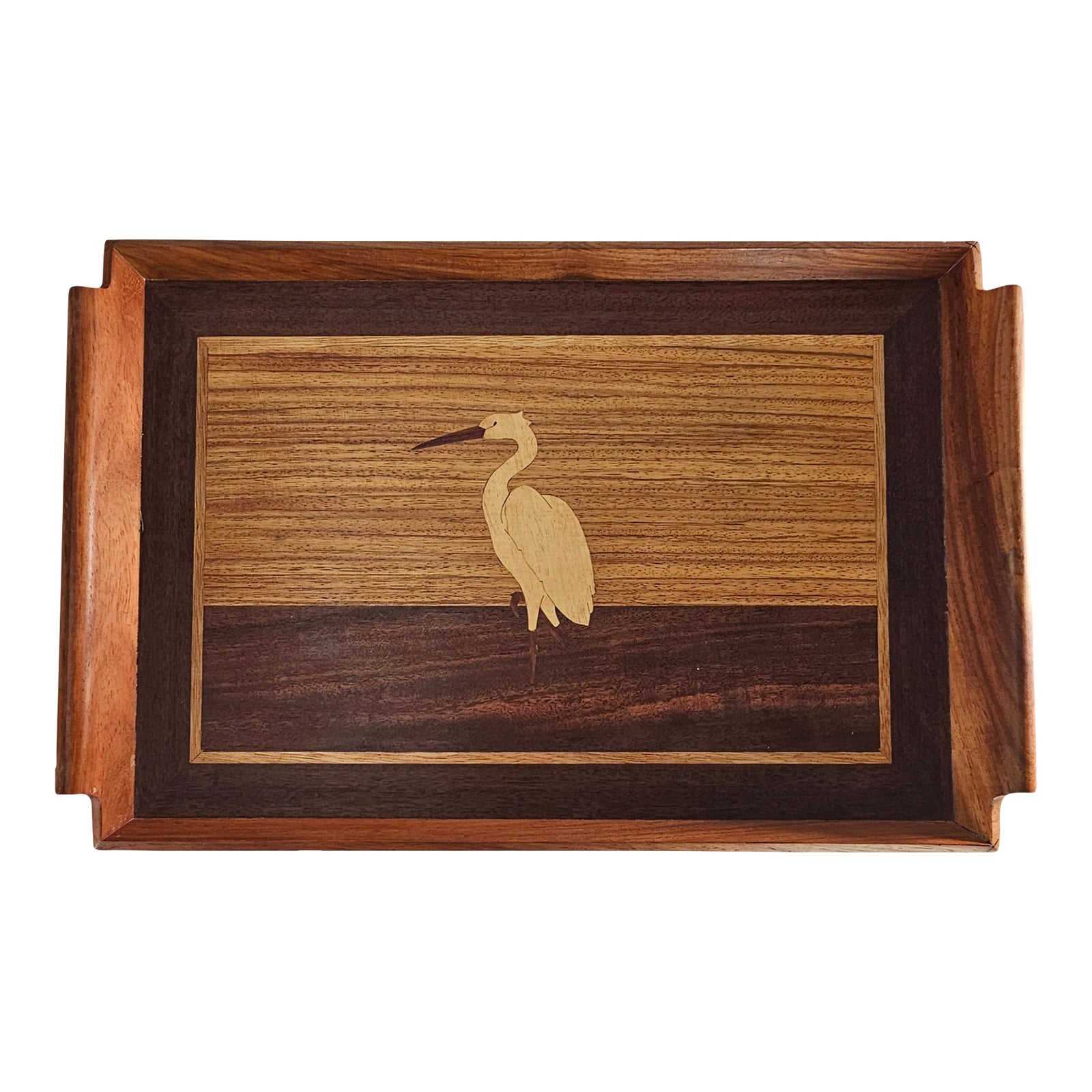 Teak Wood Egret Serving Tray Bird Heron Inlay Pattern 20" | Chairish