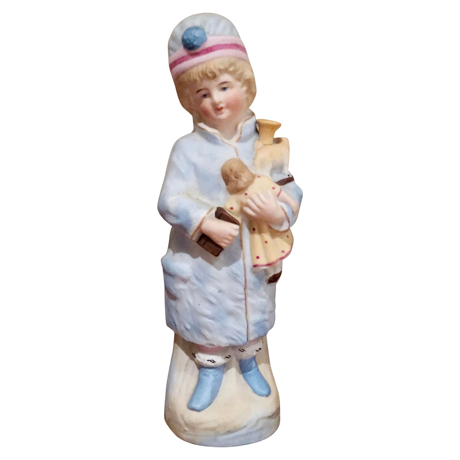 Antique German Bisque Figurine of a Girl Holding Doll and Toys | Chairish