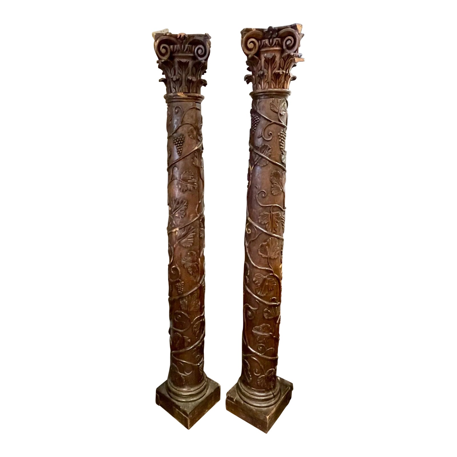 Pair of 18th Century Italian Carved Walnut Columns | Chairish