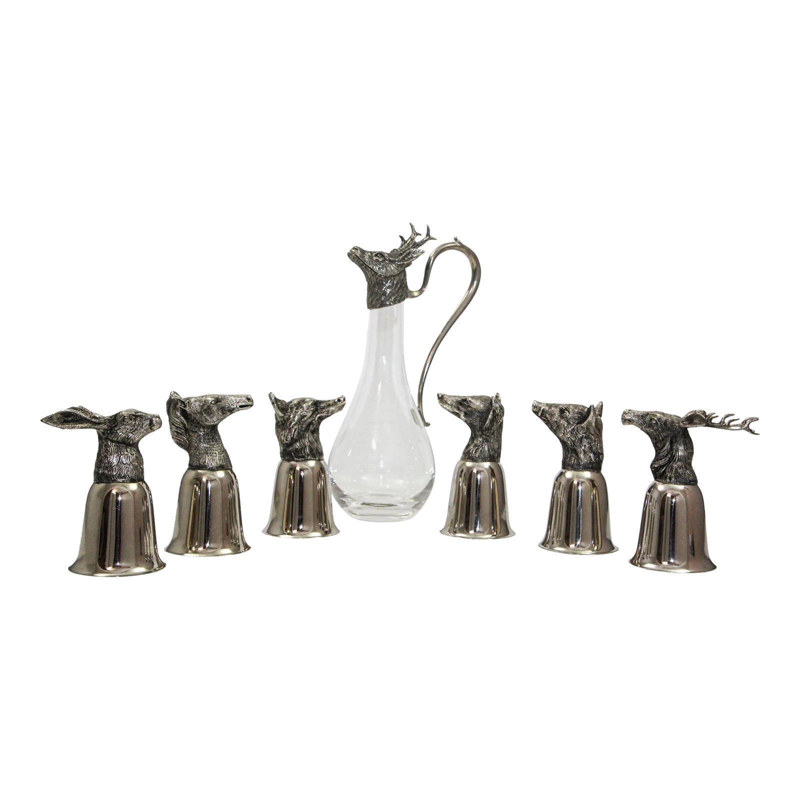 Set of 6 Silver Stirrup Cups Goblets Animal Heads With Wine Decanter ...