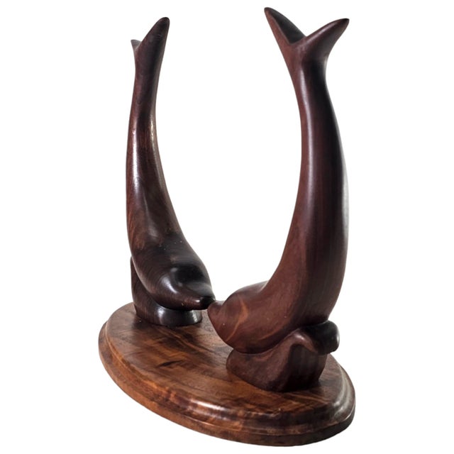 Hand Carved Dolphin Sculpture Walnut Figurine 14" | Chairish