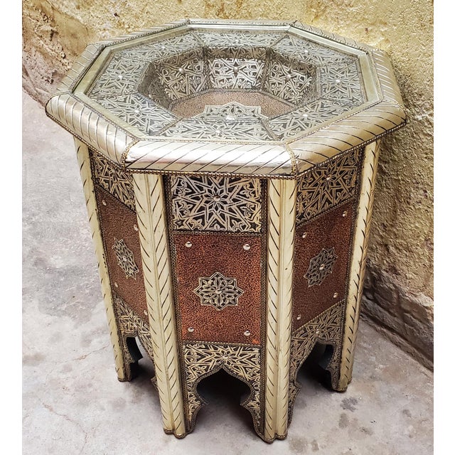 Moroccan Octagonal Traditional Metal Inlaid Side Table with Copper ...
