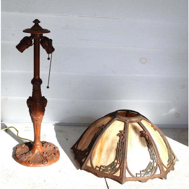 Antique Art Nouveau Slag Glass Table Lamp With 8-Panel Curved Umbrella ...