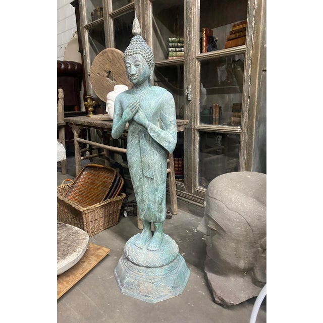 Large 60" Verdigris Green Patina Bronze Standing Buddha Statue | Chairish
