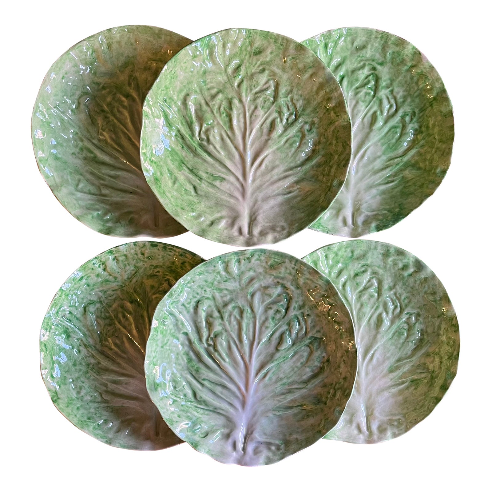 French Hand Made Green Glazed Faience Pottery Lettuce or Cabbage Leaf ...