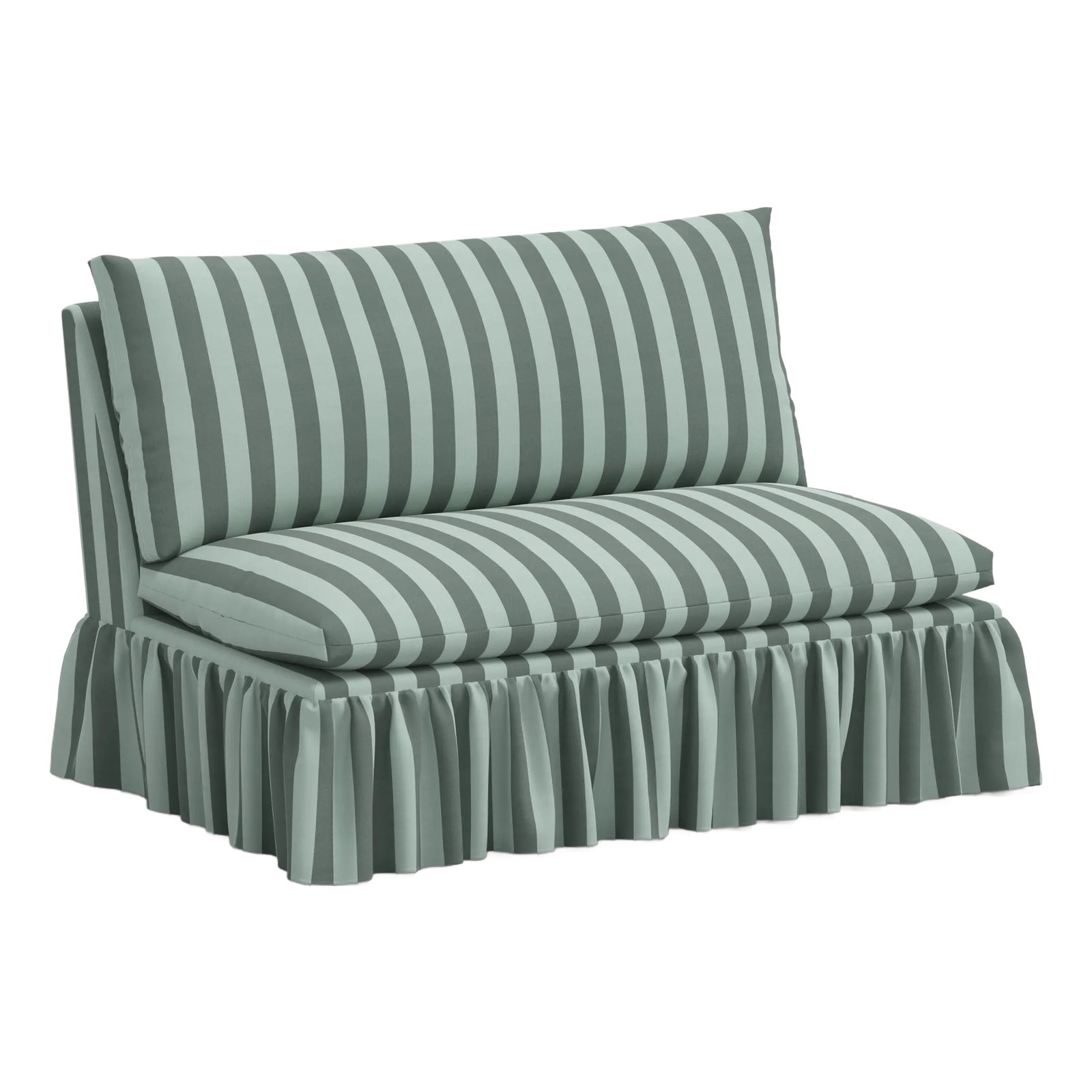 Spritely Home Capra Ruffle Settee in Canopy Stripe Tonal Teal | Chairish