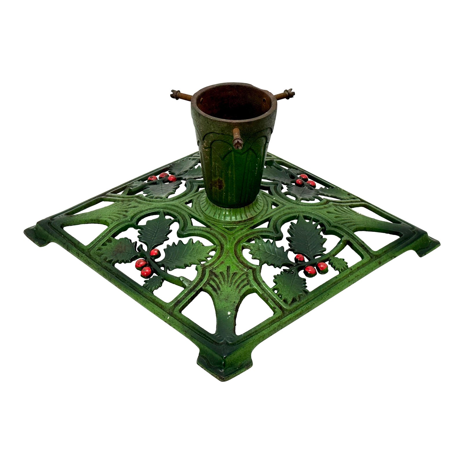 Antique 1920s Cast Iron Holly Leaf & Berry Motif Christmas Tree Stand ...