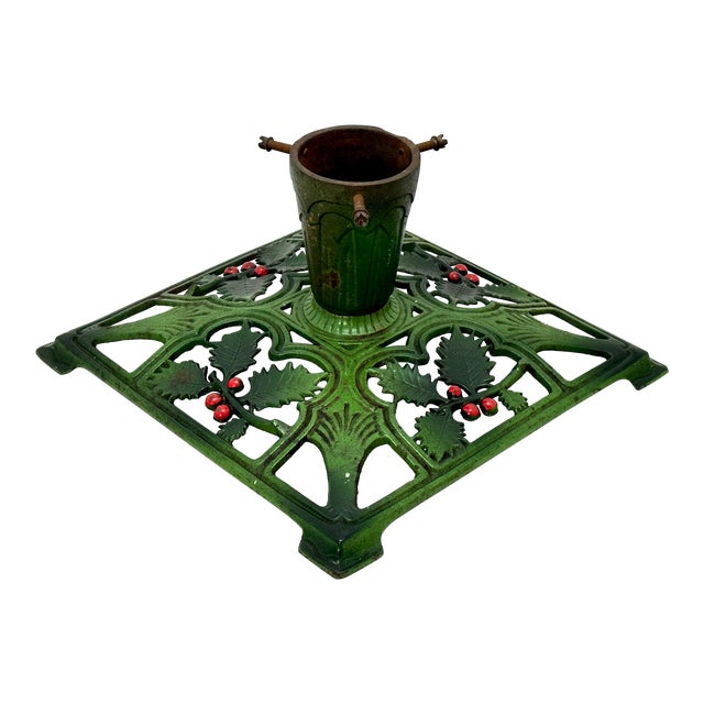 Antique 1920s Cast Iron Holly Leaf & Berry Motif Christmas Tree Stand ...