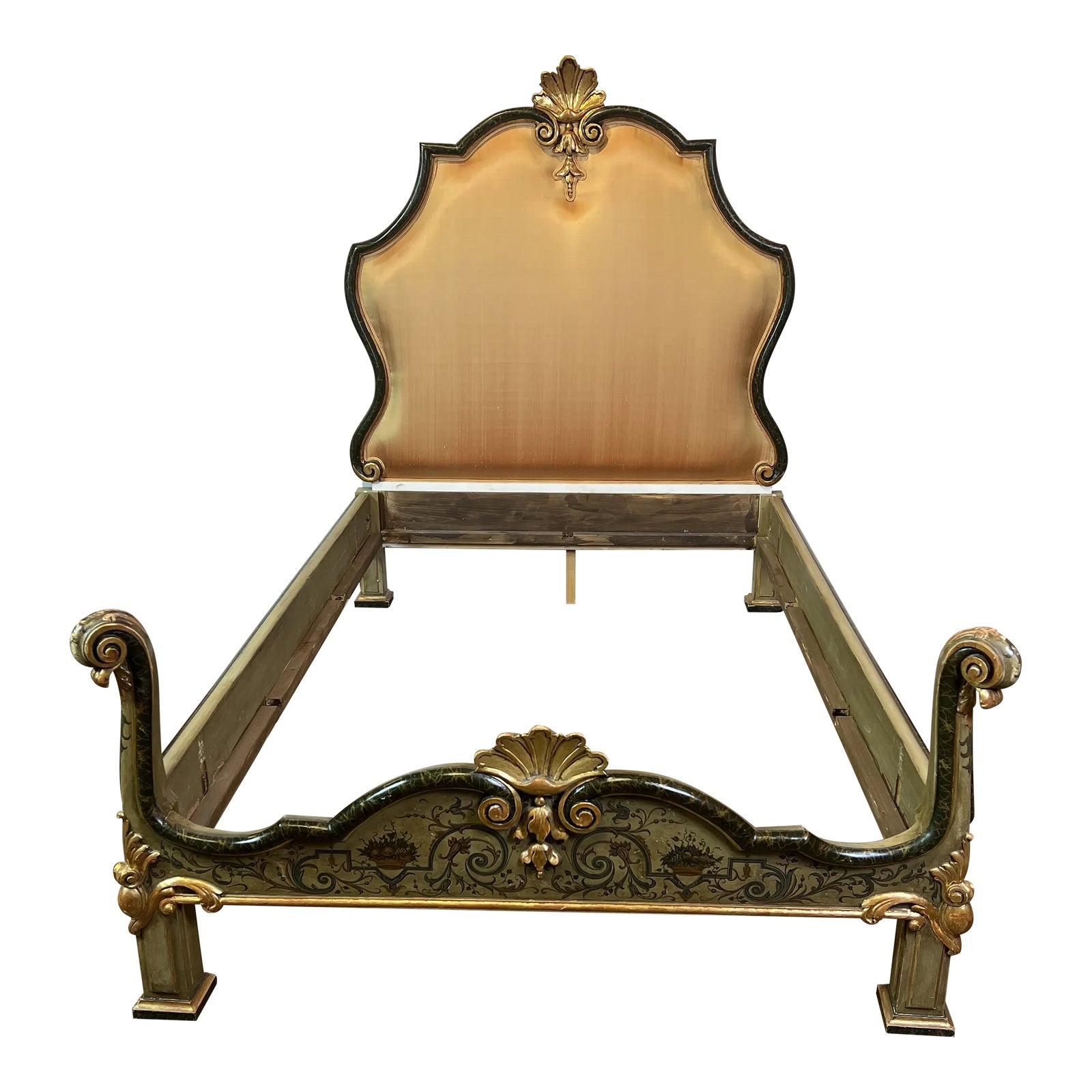 1880s Antique Italian Hand-Painted Bed with Floral and Scalloped Shell ...