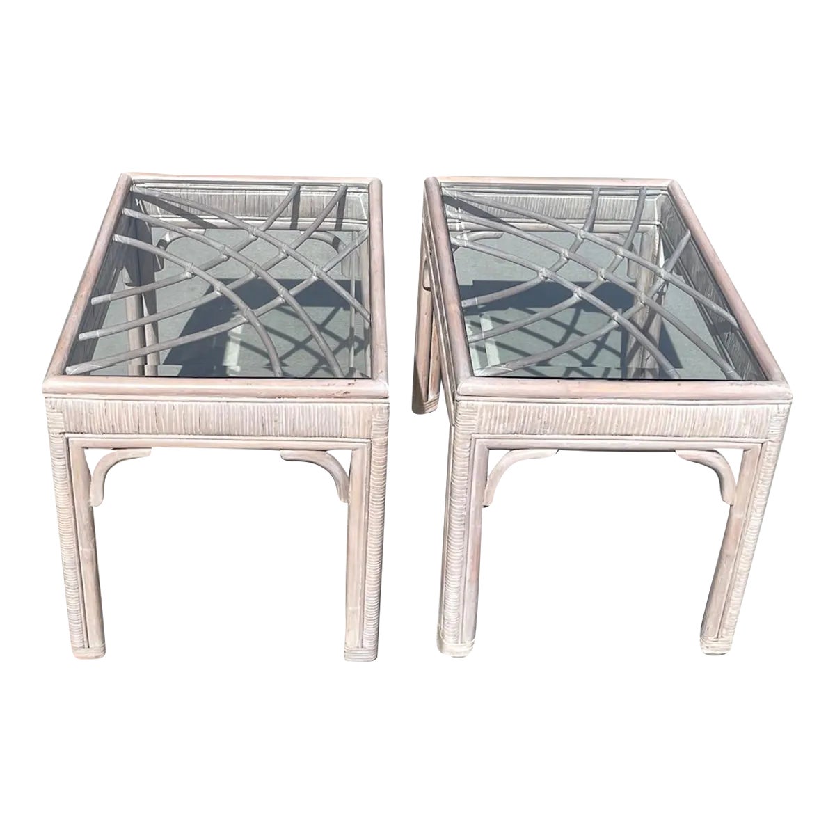 Vintage Whitewash Bamboo Glass Top Side Tables - a Pair | Chairish