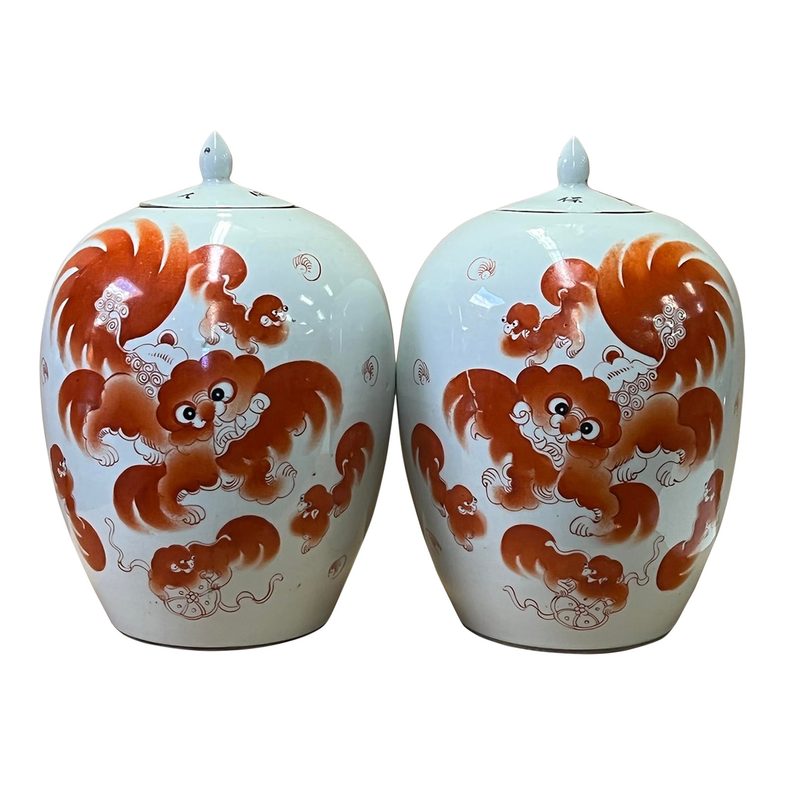 Pair Oriental Ceramic White Base Orange Foo Dog Oval Jars | Chairish
