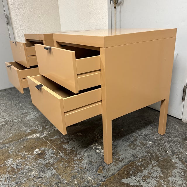 Custom Design Tan Lacquered Two Drawer Nightstands, a Pair | Chairish