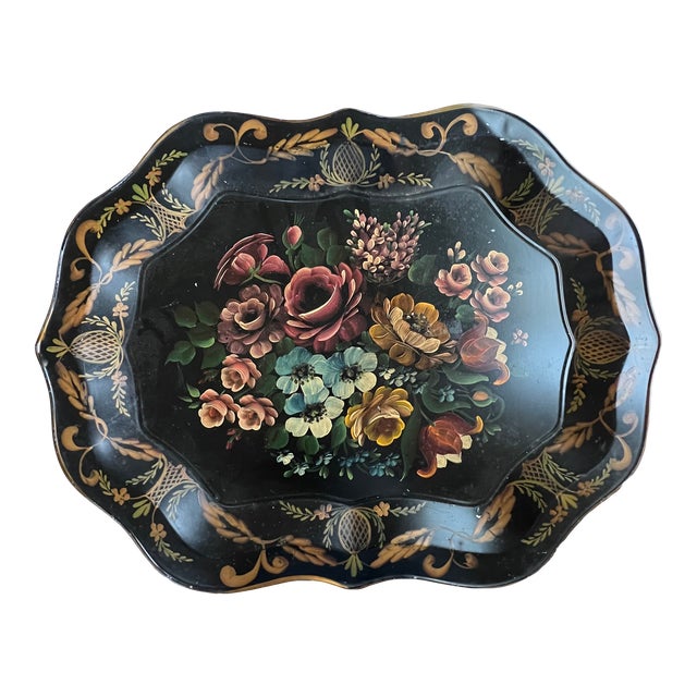 Large Vintage Tole Tray With Autumn Flowers | Chairish