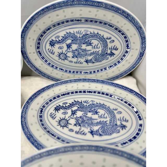 1960s Chinese Canton Blue and White Dragon Rice Eyes Porcelain Oval ...