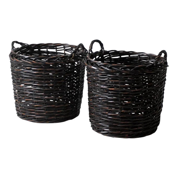 Vintage Black Woven Cane Baskets Pair | Chairish