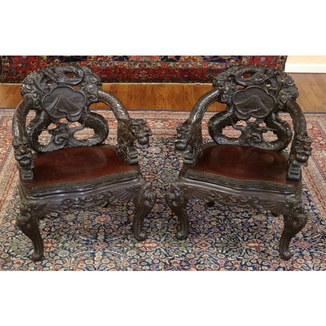 Pair of Antique Teak Japanese Meiji Carved Dragon Chairs | Chairish