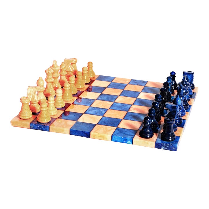 Italian Lapis Blue/Peach Large Alabaster Chess Set | Chairish