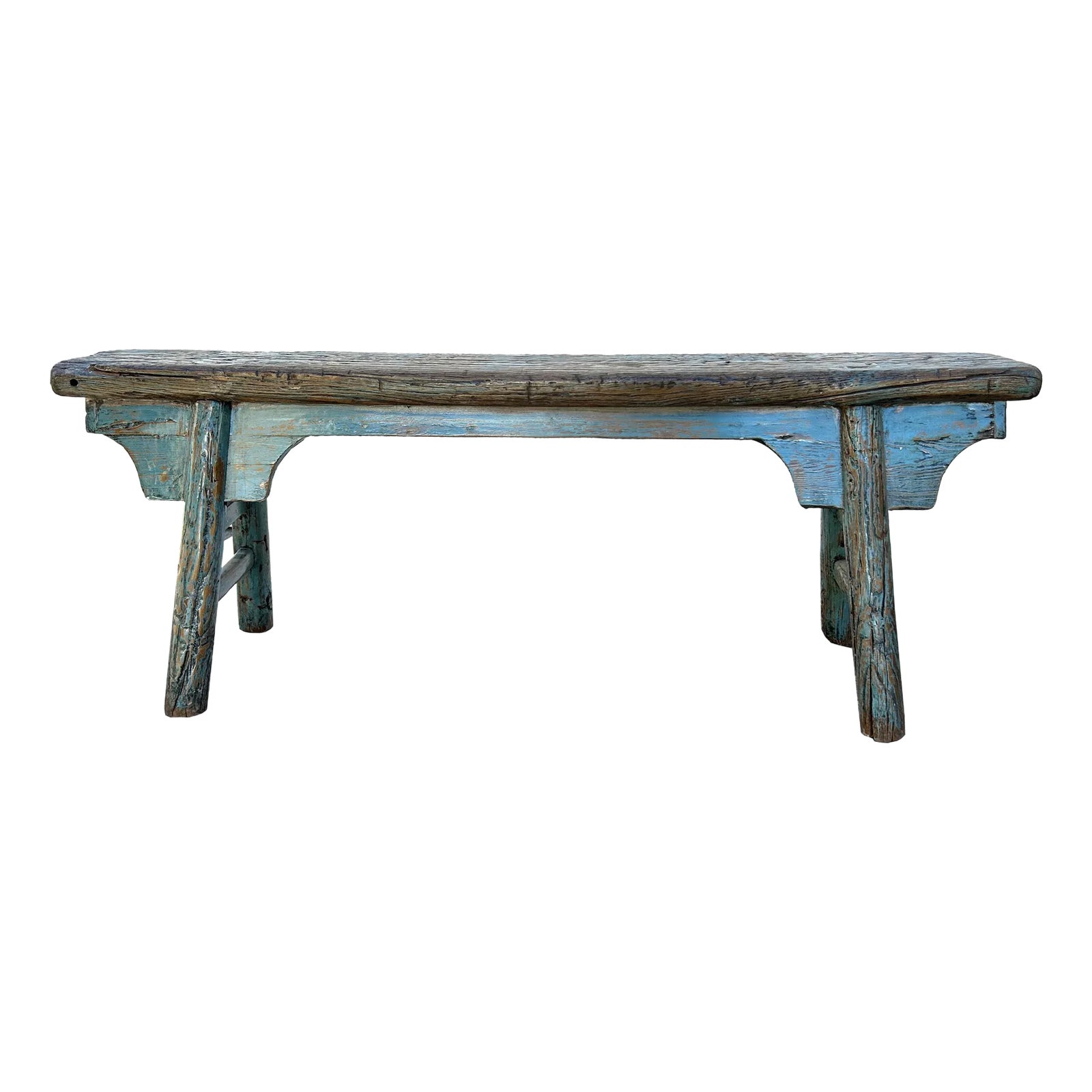 Distressed Brown Teal Blue Green Village Slim Narrow Wood Bench | Chairish