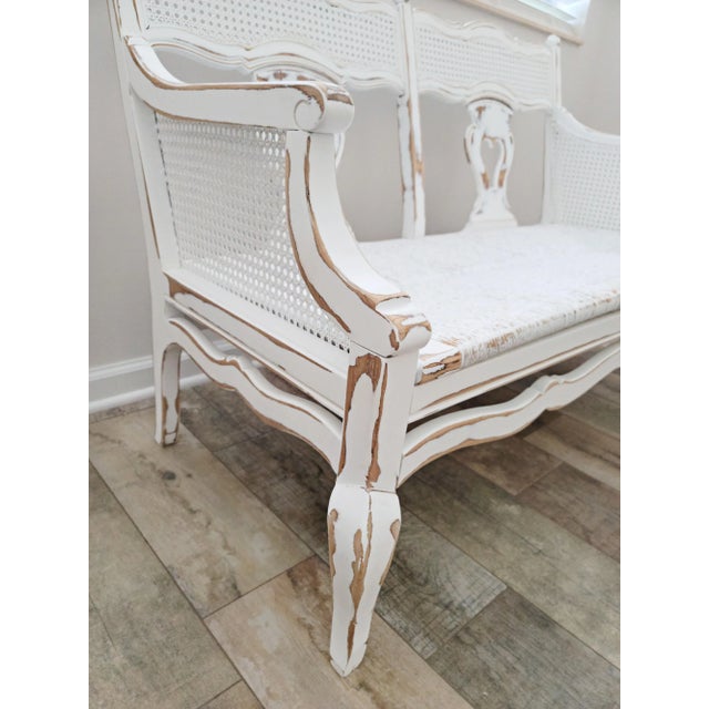 Rustic French Country Painted Settee With Cane Accent and Rush Seat ...