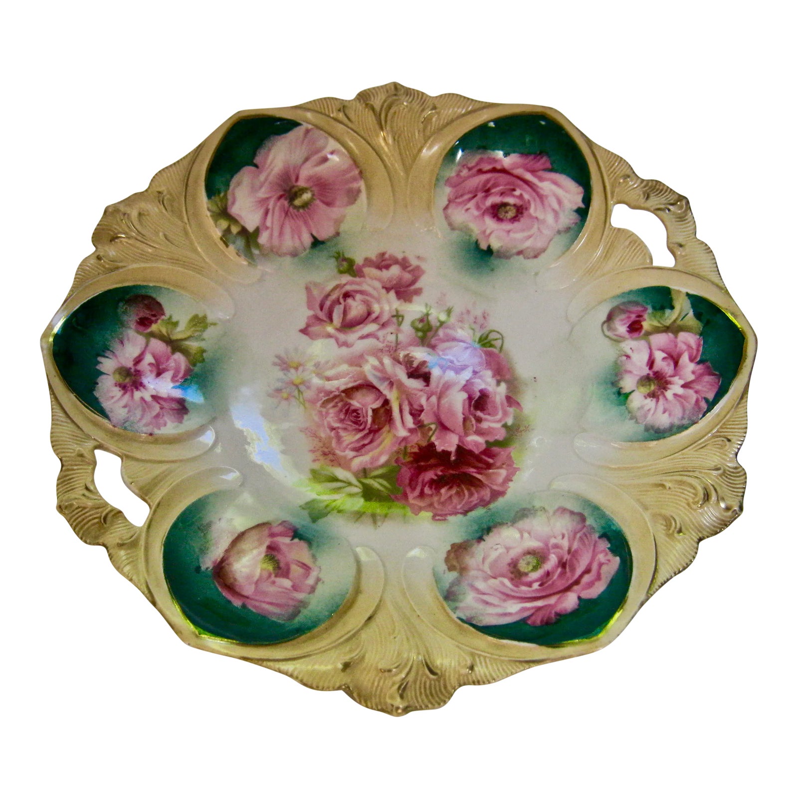 1890s RS Prussia Hand Painted Rose Cake Dish | Chairish