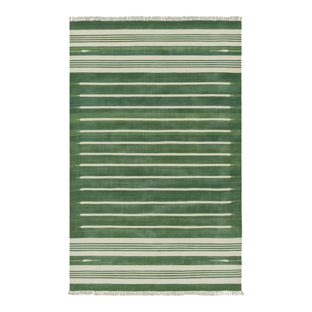 Rug & Kilim’s Contemporary Dhurrie Rug in Green and Off-White Stripes ...