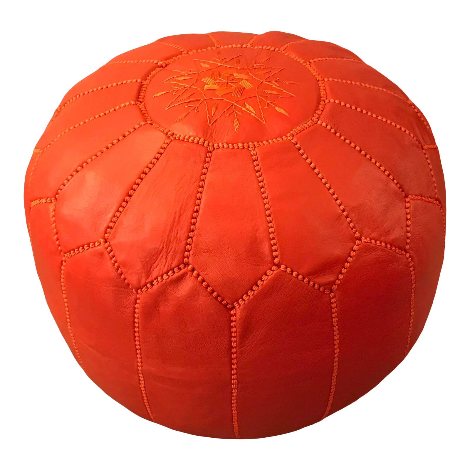 Orange Moroccan Hand - Stitched Leather Custom - Made Pouf | Chairish