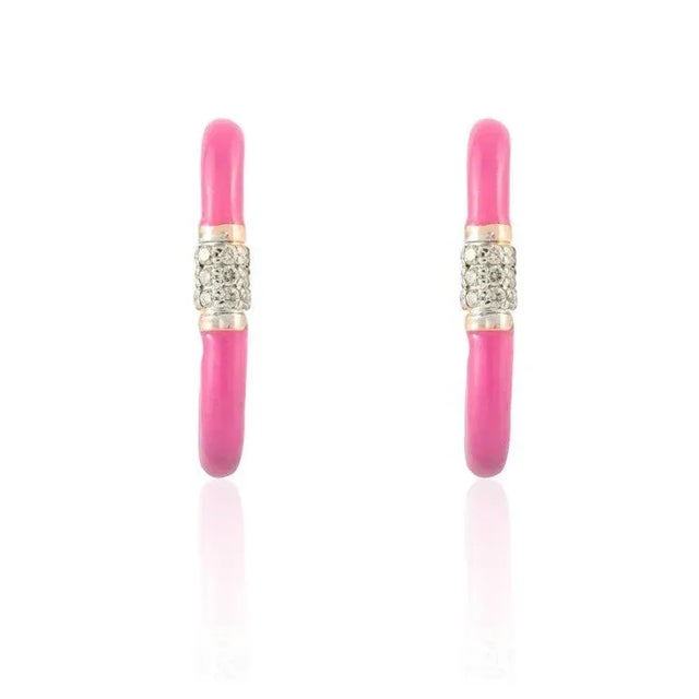 Rectangle Pink Enamel Diamond Hoop Earrings in Solid 14k Yellow Gold- 2 ...