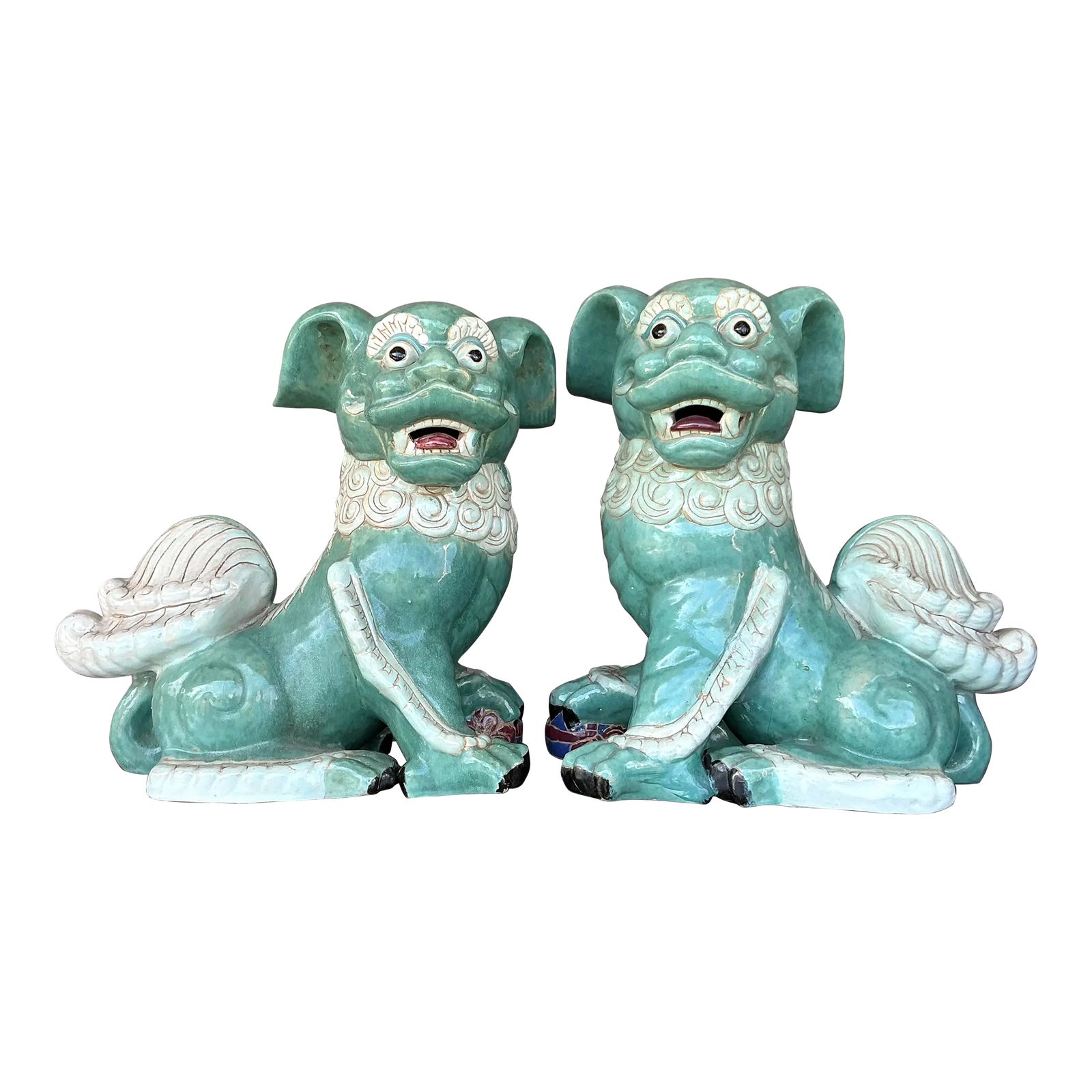 Vintage Asian Glazed Terracotta Foo Dogs - A Pair | Chairish