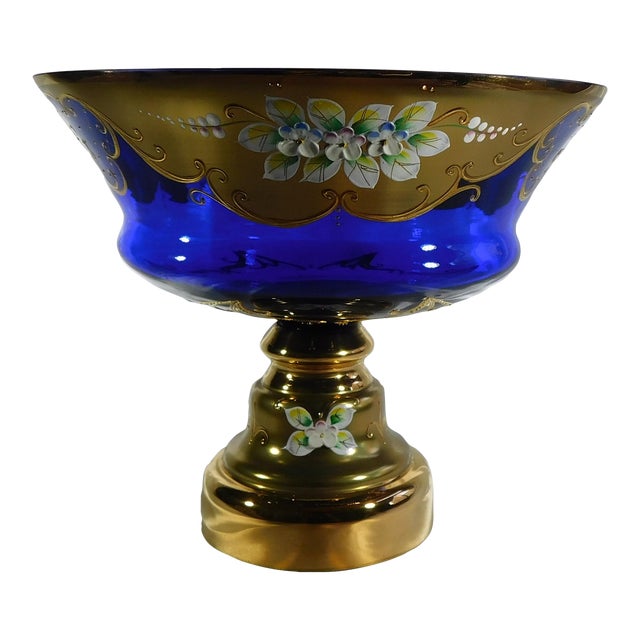 1930s Very Large Footed Blue Bowl With Gold Trim and Dimensional ...