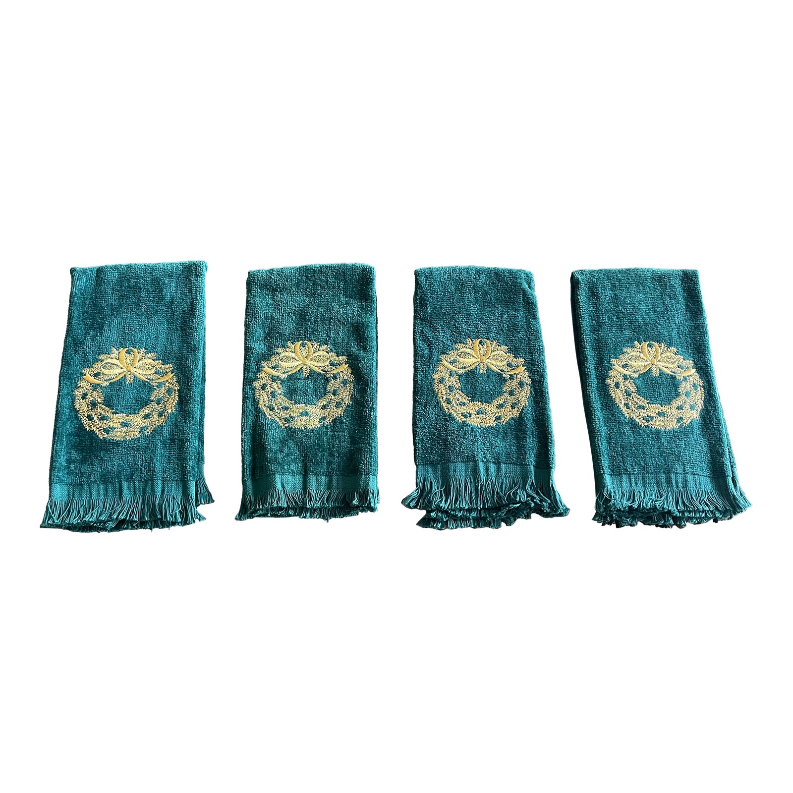 4 Gold Embroidered Face / Guest Terry Towels Bottle Green | Chairish