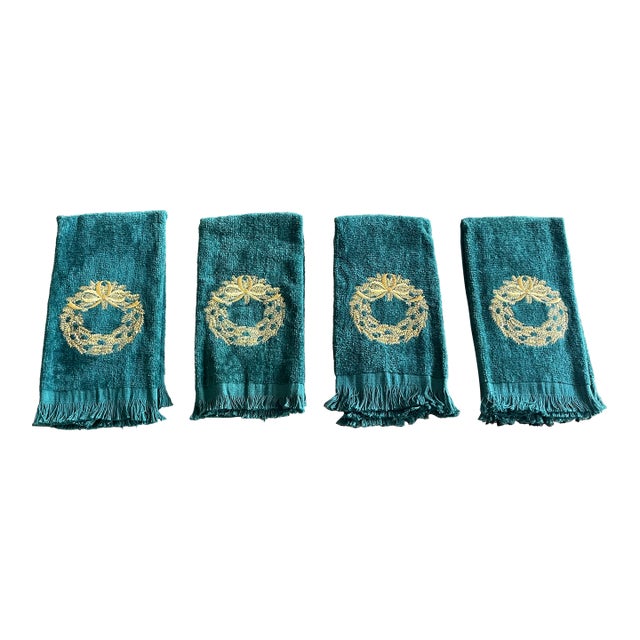 4 Gold Embroidered Face / Guest Terry Towels Bottle Green | Chairish