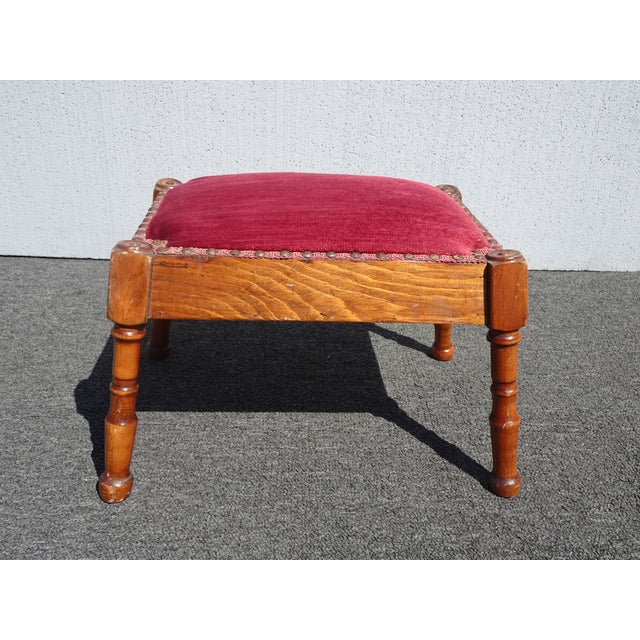 Vintage Oak French Country Rose Colored Velvet Footstool W Decorative ...