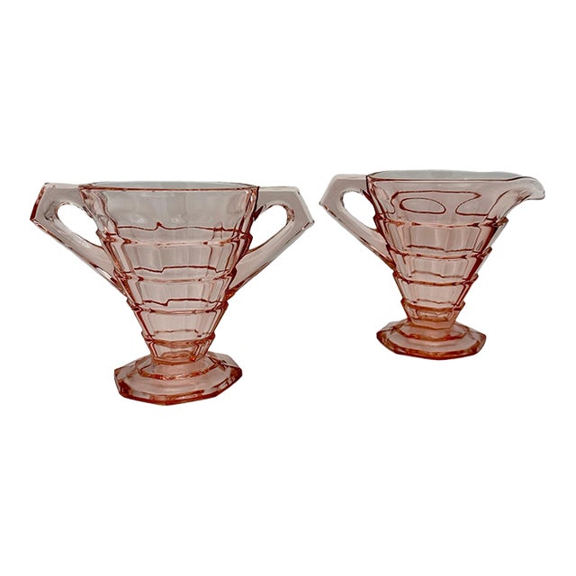 Vintage Pink Selenium Uv Reactive Glow Glass Art Deco Sugar & Creamer ...