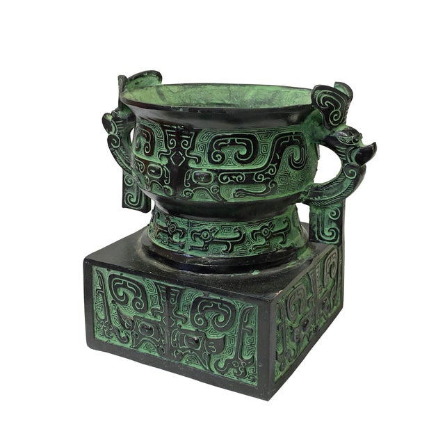 Chinese Green Black Vessel Ancient Ding Container Jar Display | Chairish