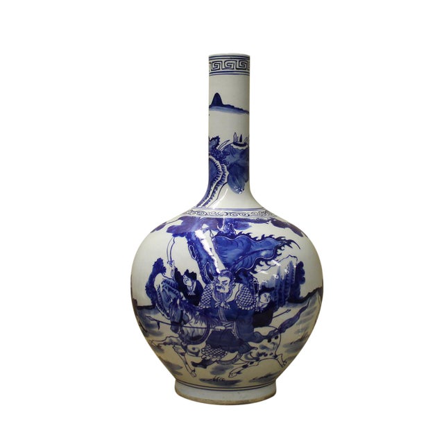 Chinese Blue & White Porcelain Ancient Warrior Motif Vase | Chairish