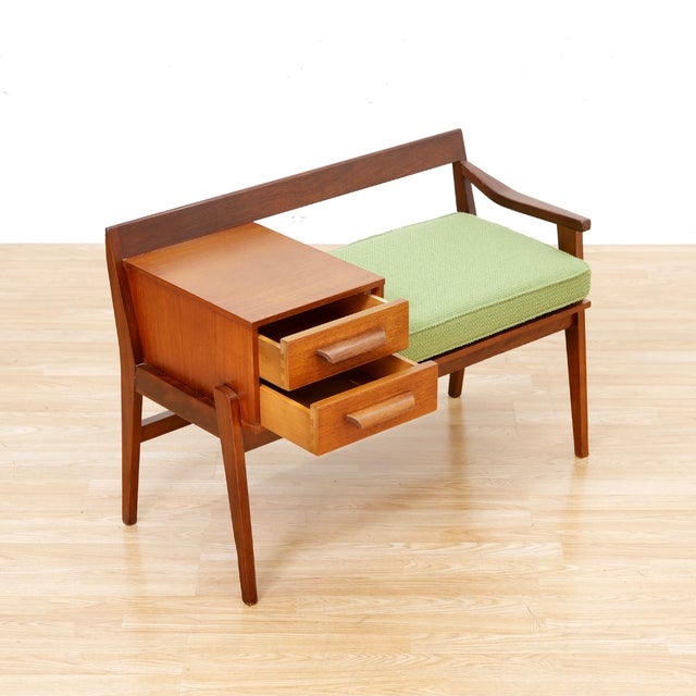 Mid 20th Century Entryway Bench in Teak & Green | Chairish