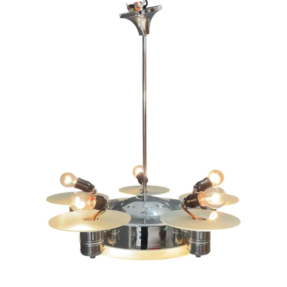 Vintage Art Deco Chrome Chandelier with Frosted Glass Disc Shades ...