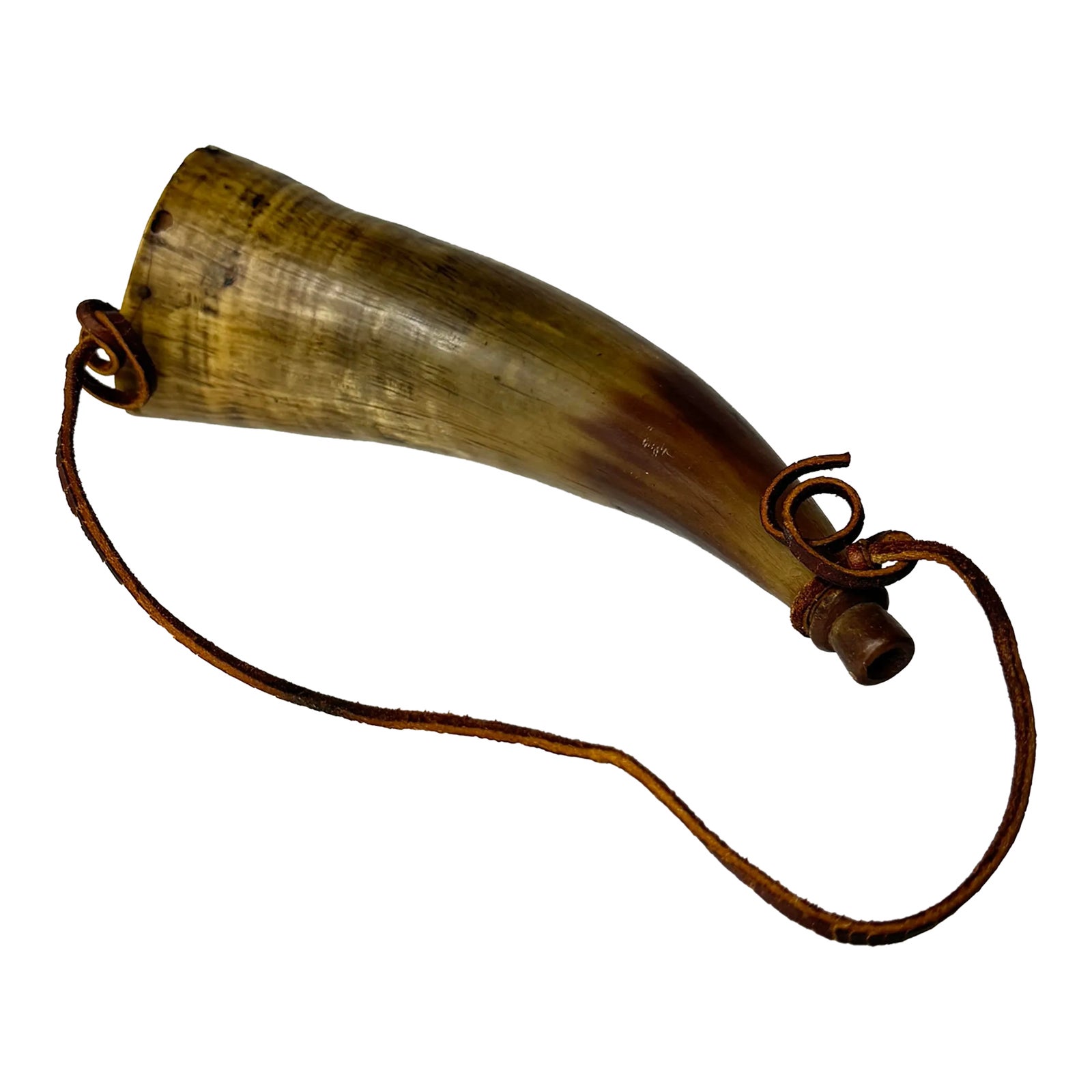 Vintage Horn Powder Flask With Wood and Leather Accents | Chairish