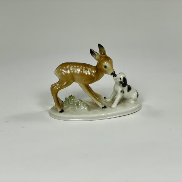 1950s German Deer & Dog Figurine, Crown Mark | Chairish