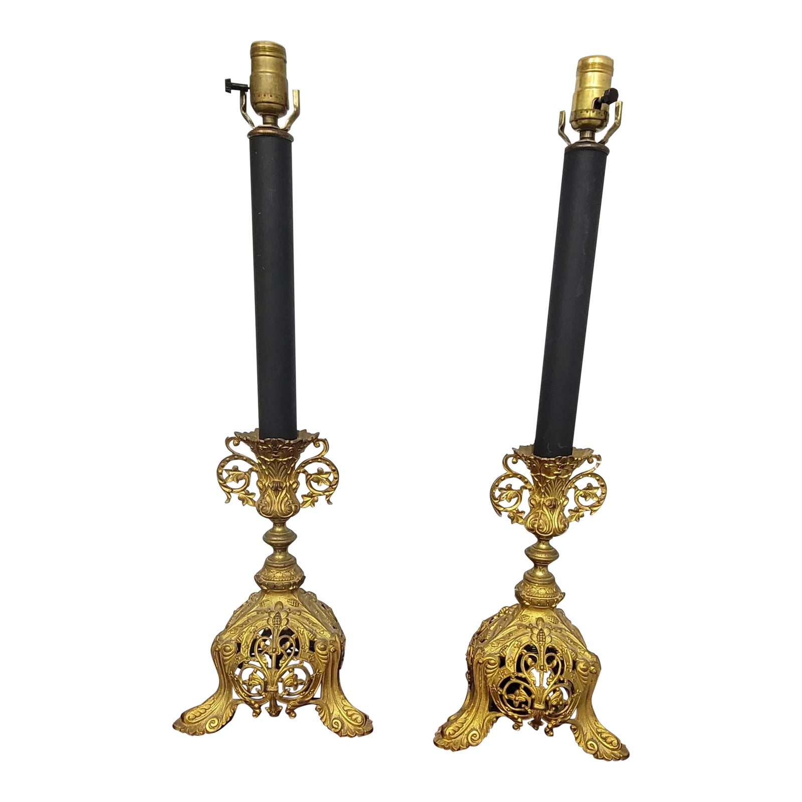Pair of Renaissance Style Ebonized Metal and Cast Ormolu Table Lamps ...