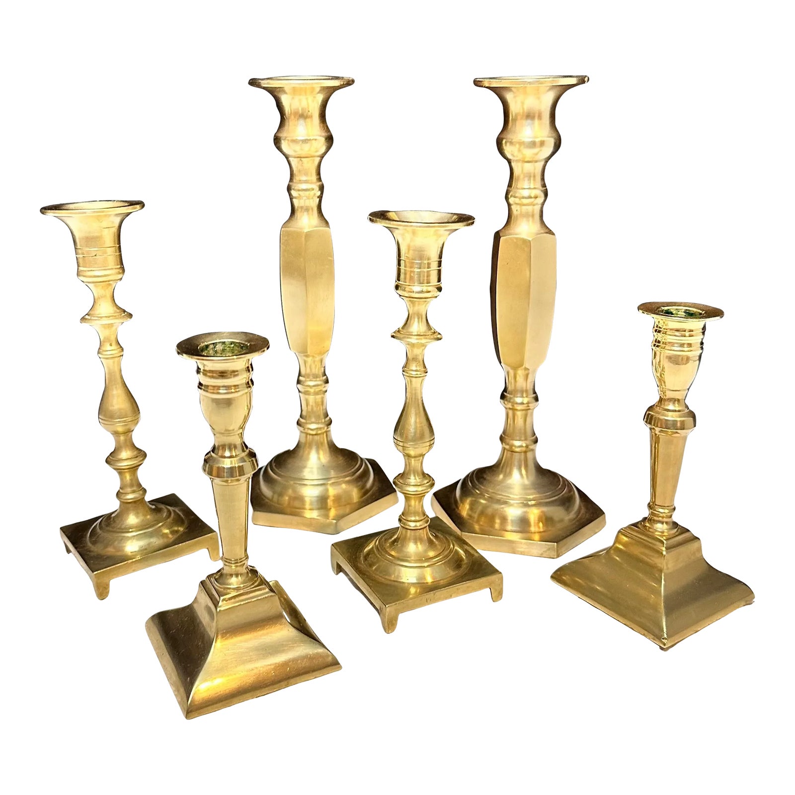 Vintage Early 20th Century English Brass Candlesticks - Set 6 | Chairish
