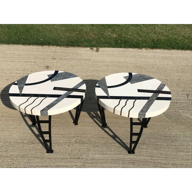 Memphis Marble and Brass Inlay End Tables - a Pair | Chairish