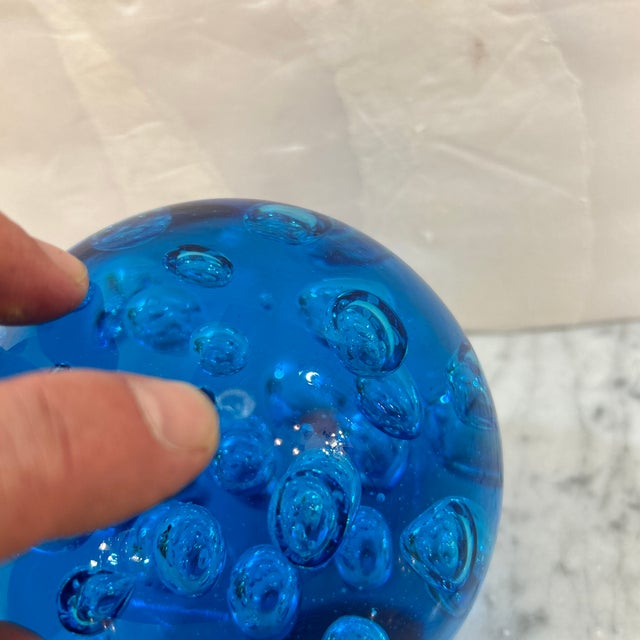 Blue Blown Glass Paperweight With Bubble Inclusions | Chairish