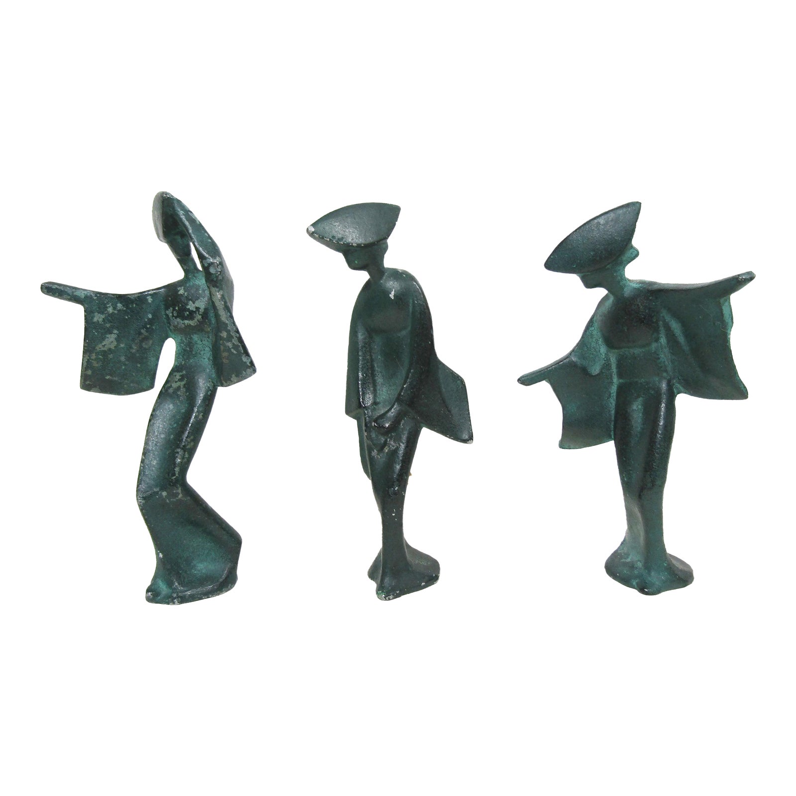 1950s Set of 3 Verdigris Cast-Iron Japanese Awa Odori Geisha Dancers, 7 ...